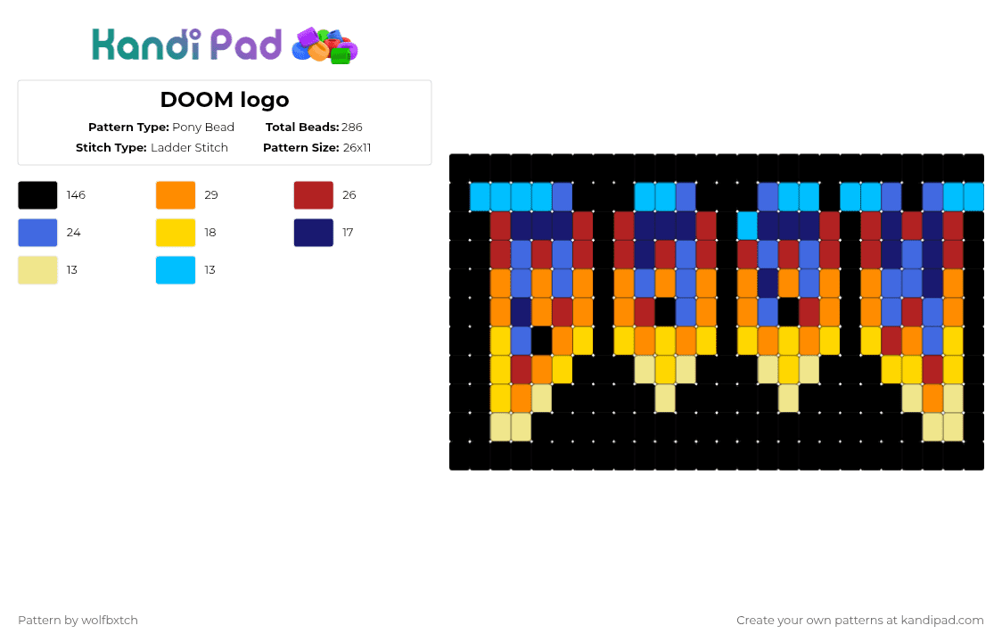 DOOM logo Pony Bead Pattern - Kandi Pad | Kandi Patterns, Fuse Bead ...