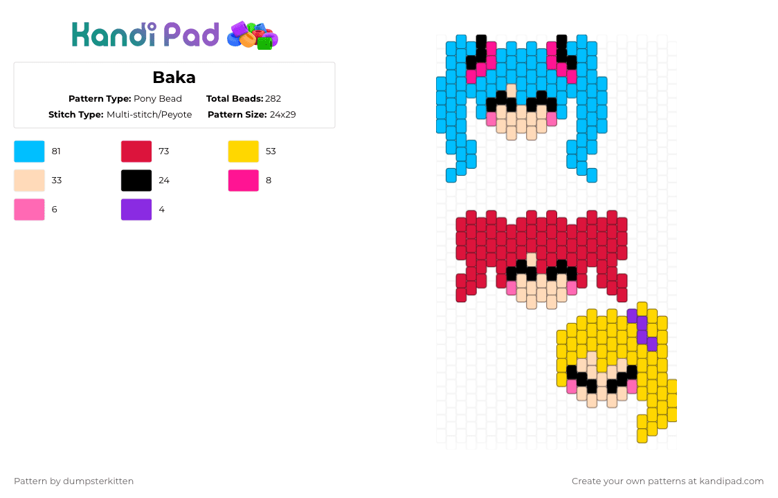 Baka Pony Bead Pattern - Kandi Pad | Kandi Patterns, Fuse Bead Patterns ...