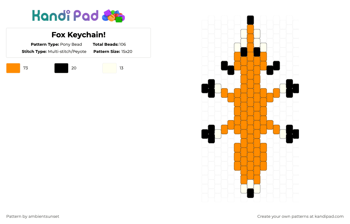 Fox Keychain! Pony Bead Pattern - Kandi Pad | Kandi Patterns, Fuse Bead ...