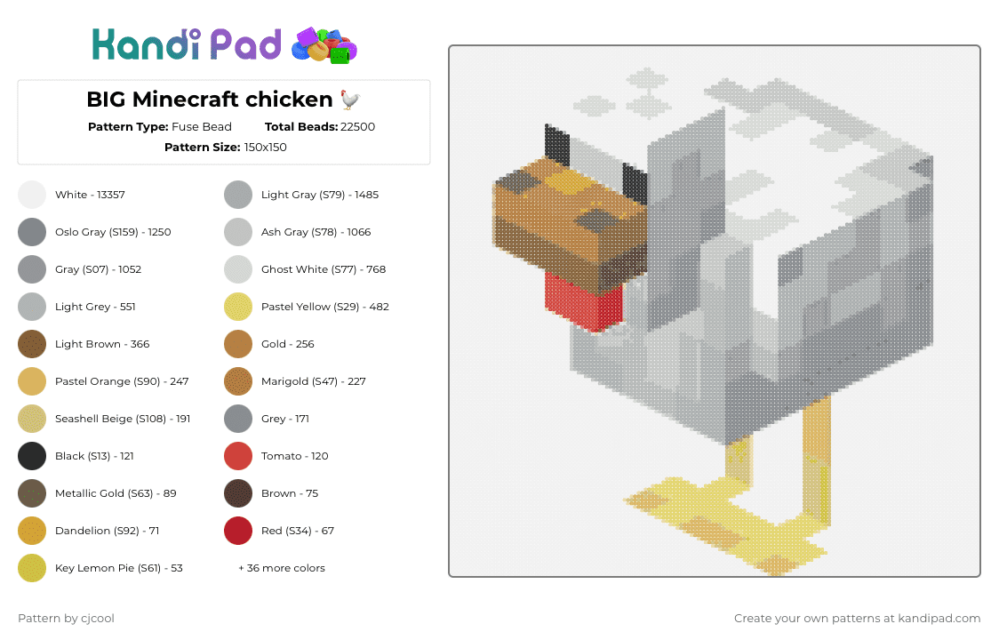 BIG Minecraft chicken 🐓 Fuse Bead Pattern - Kandi Pad | Kandi Patterns ...