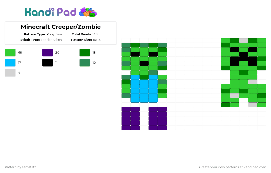 Minecraft Creeper/Zombie Pony Bead Pattern - Kandi Pad | Kandi Patterns ...