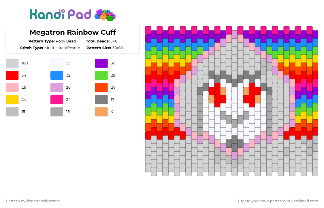 Megatron Rainbow Cuff Pony Bead Pattern - Kandi Pad | Kandi Patterns ...