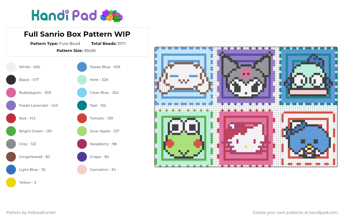 Full Sanrio Box Pattern WIP Fuse Bead Pattern - Kandi Pad | Kandi ...