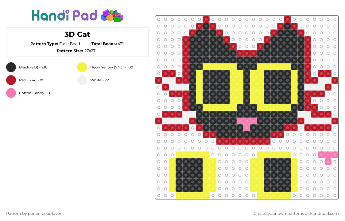 3D Cat Fuse Bead Pattern - Kandi Pad | Kandi Patterns, Fuse Bead ...