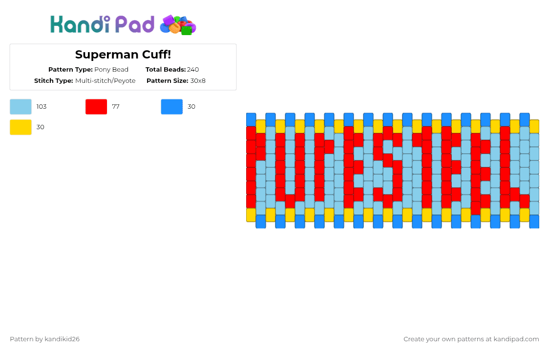 Superman Cuff! Pony Bead Pattern - Kandi Pad | Kandi Patterns, Fuse ...