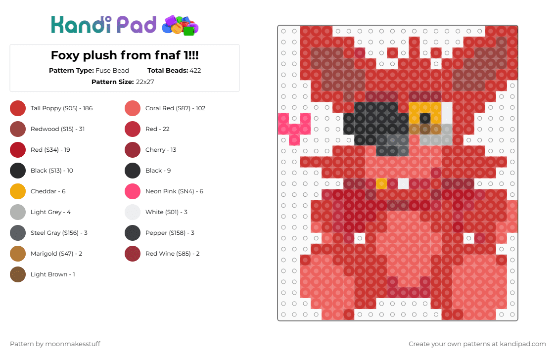 Foxy plush from fnaf 1!!! Fuse Bead Pattern - Kandi Pad | Kandi ...