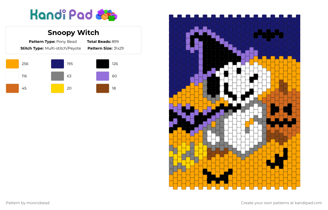 Snoopy Witch Pony Bead Pattern - Kandi Pad | Kandi Patterns, Fuse Bead ...
