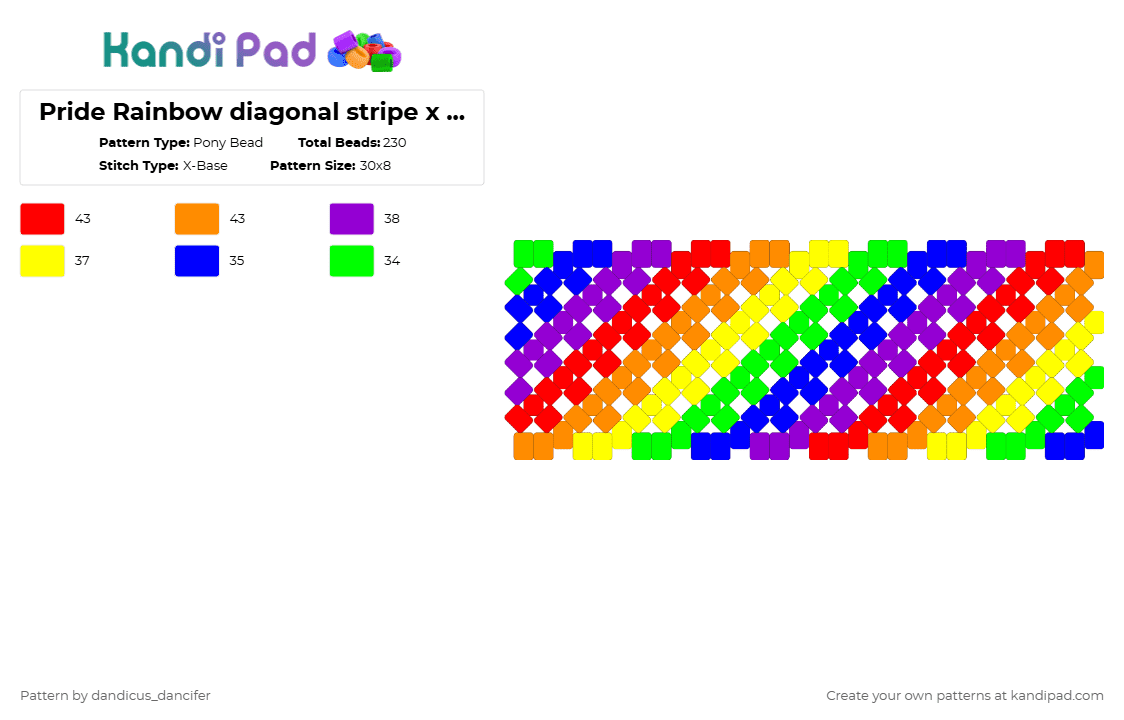 Pride Rainbow diagonal stripe x base Pony Bead Pattern - Kandi Pad ...