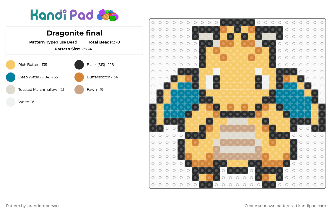 Dragonite final Fuse Bead Pattern - Kandi Pad | Kandi Patterns, Fuse ...