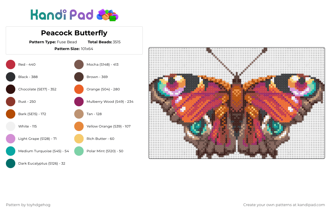 Peacock Butterfly Fuse Bead Pattern - Kandi Pad | Kandi Patterns, Fuse ...