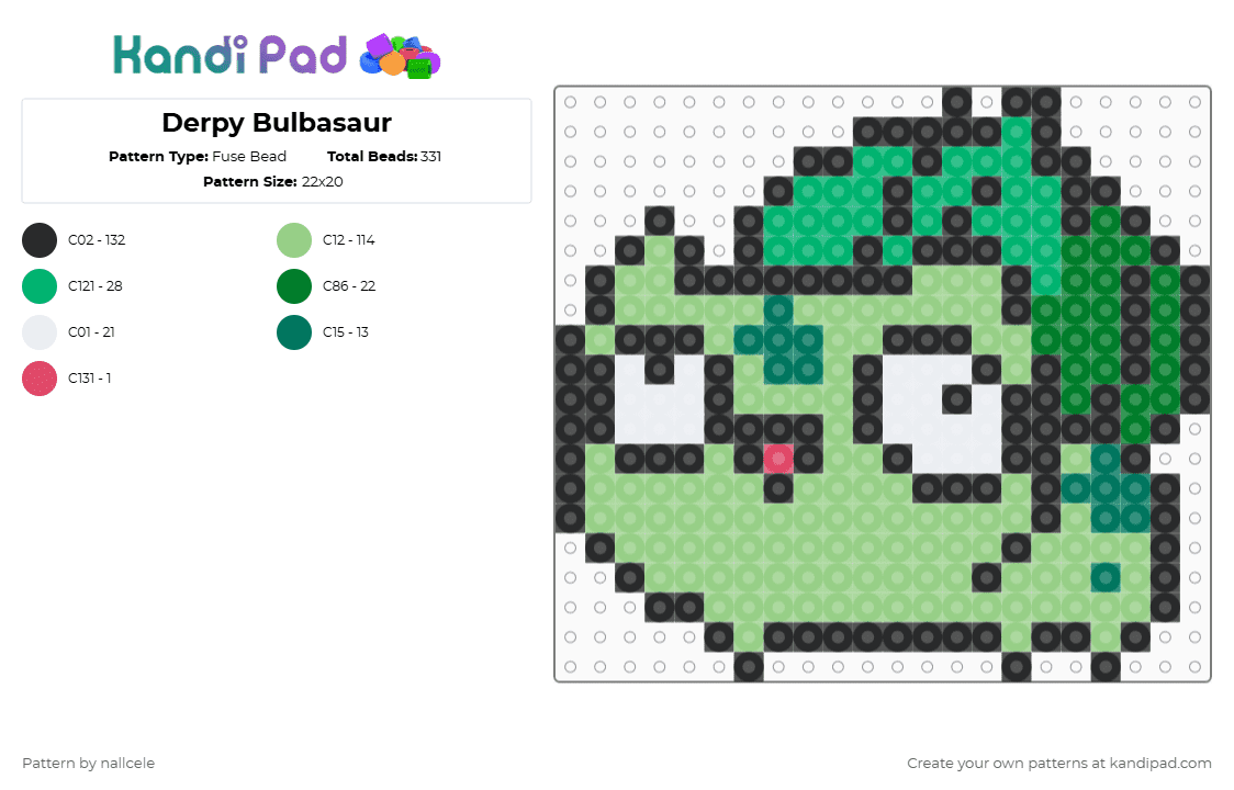 Derpy Bulbasaur Fuse Bead Pattern - Kandi Pad | Kandi Patterns, Fuse ...