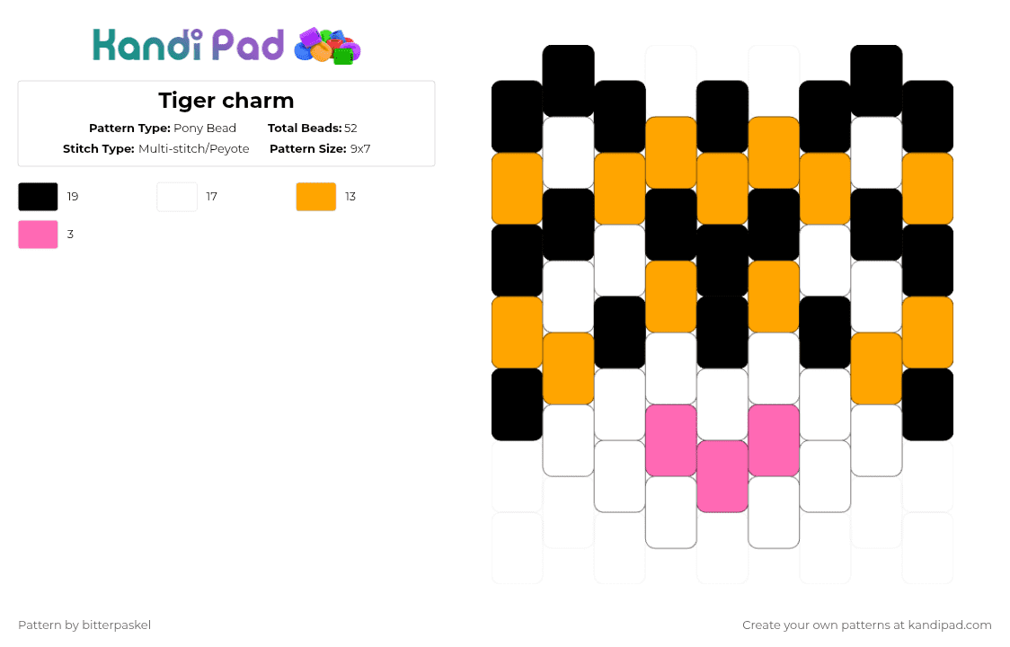 Tiger charm Pony Bead Pattern - Kandi Pad | Kandi Patterns, Fuse Bead ...