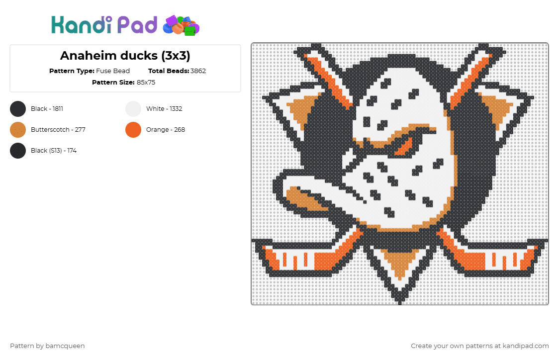 Anaheim ducks (3x3) Fuse Bead Pattern - Kandi Pad | Kandi Patterns ...