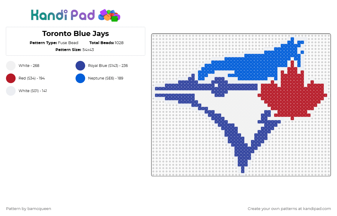 Toronto Blue Jays Fuse Bead Pattern - Kandi Pad | Kandi Patterns, Fuse ...