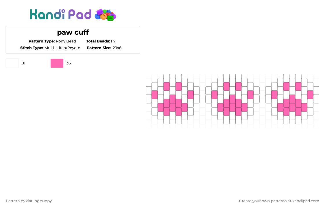 Paw cuff Pony Bead Pattern - Kandi Pad | Kandi Patterns, Fuse Bead ...