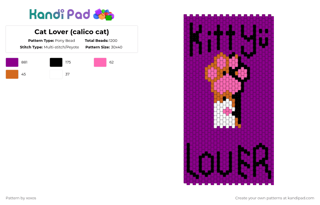Cat Lover (calico cat) Pony Bead Pattern - Kandi Pad | Kandi Patterns ...