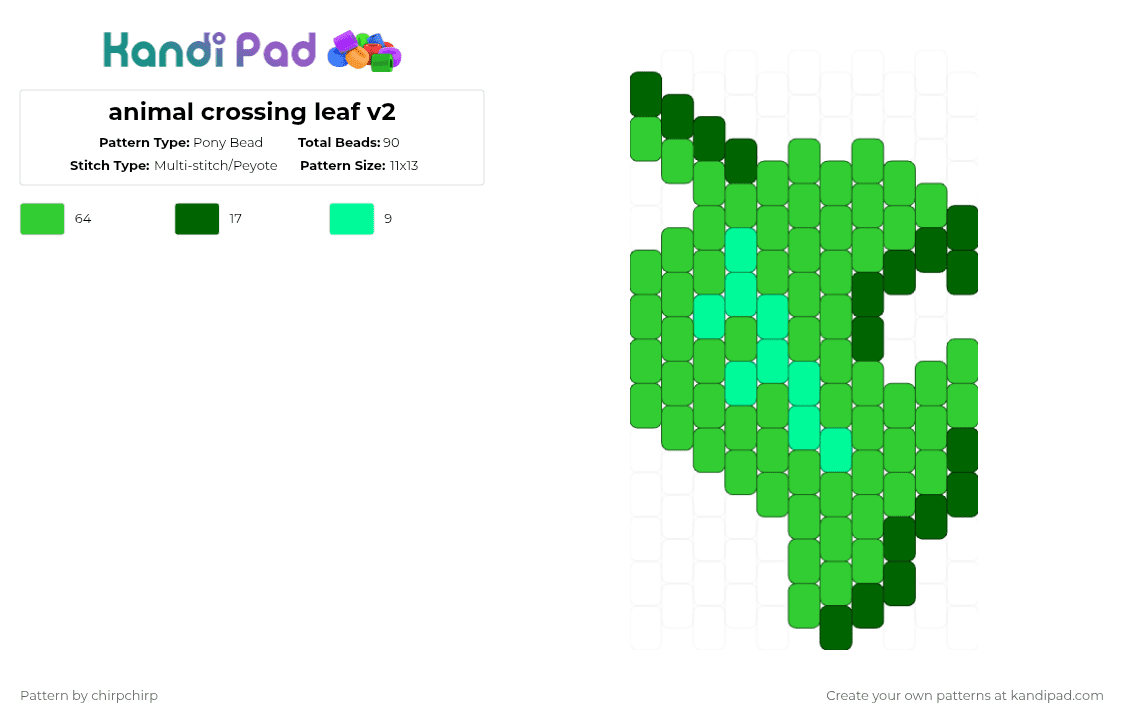 Animal crossing leaf v2 Pony Bead Pattern - Kandi Pad | Kandi Patterns ...