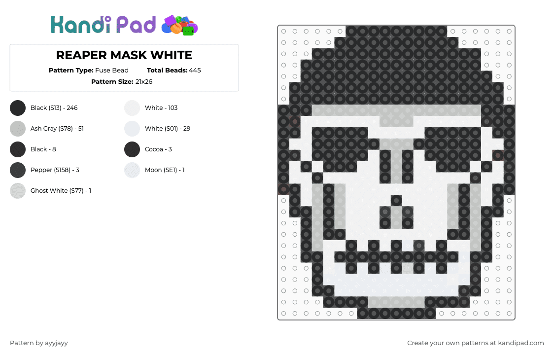 REAPER MASK WHITE Fuse Bead Pattern - Kandi Pad | Kandi Patterns, Fuse ...