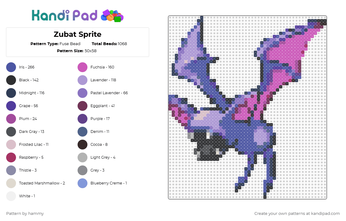 Zubat Sprite Fuse Bead Pattern - Kandi Pad | Kandi Patterns, Fuse Bead ...