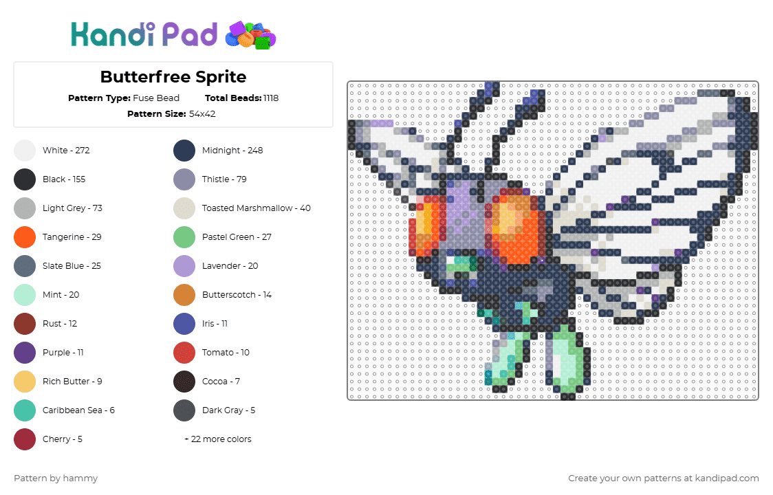 Butterfree Sprite Fuse Bead Pattern - Kandi Pad | Kandi Patterns, Fuse ...