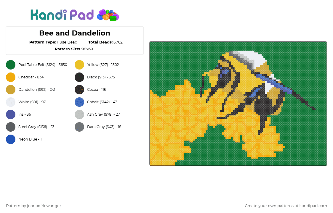 Bee and Dandelions Fuse Bead Pattern - Kandi Pad | Kandi Patterns, Fuse ...