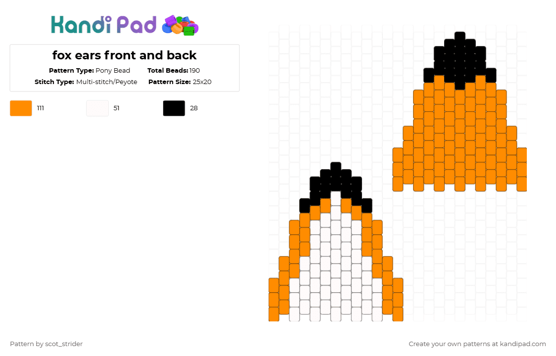 Fox ears front and back Pony Bead Pattern - Kandi Pad | Kandi Patterns ...