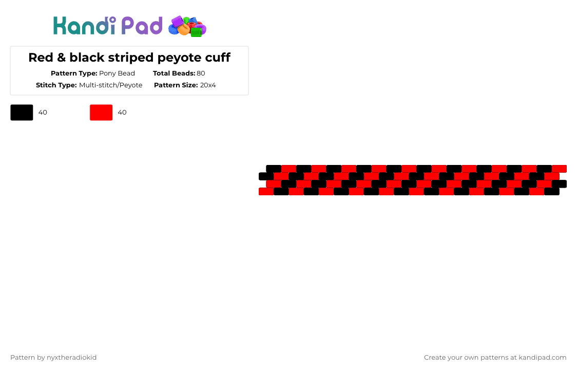 Red & black striped peyote cuff Pony Bead Pattern - Kandi Pad | Kandi ...