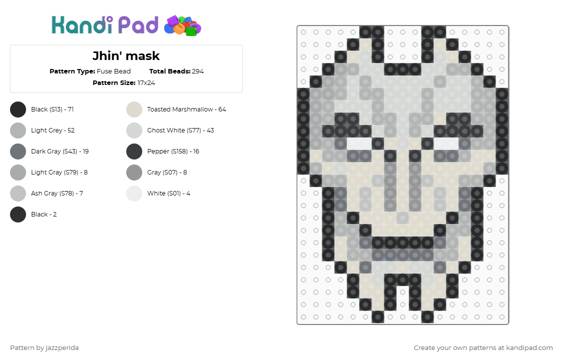 Jhin' mask Fuse Bead Pattern - Kandi Pad | Kandi Patterns, Fuse Bead ...