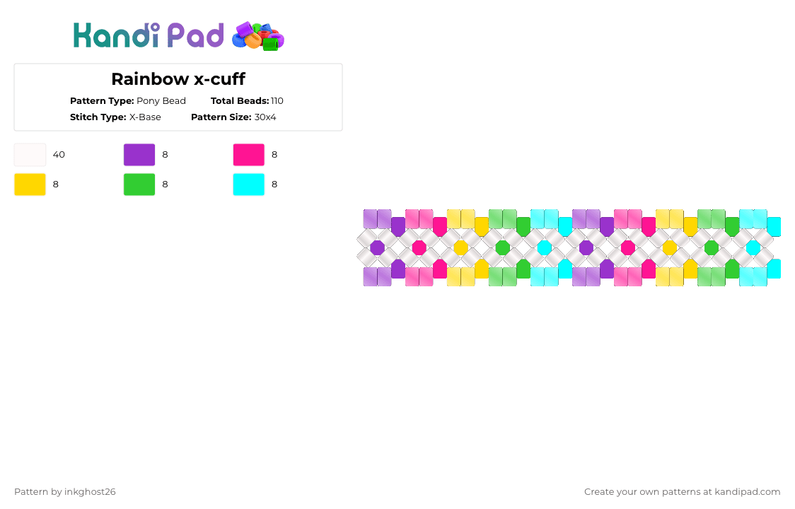 Rainbow x-cuff Pony Bead Pattern - Kandi Pad | Kandi Patterns, Fuse ...