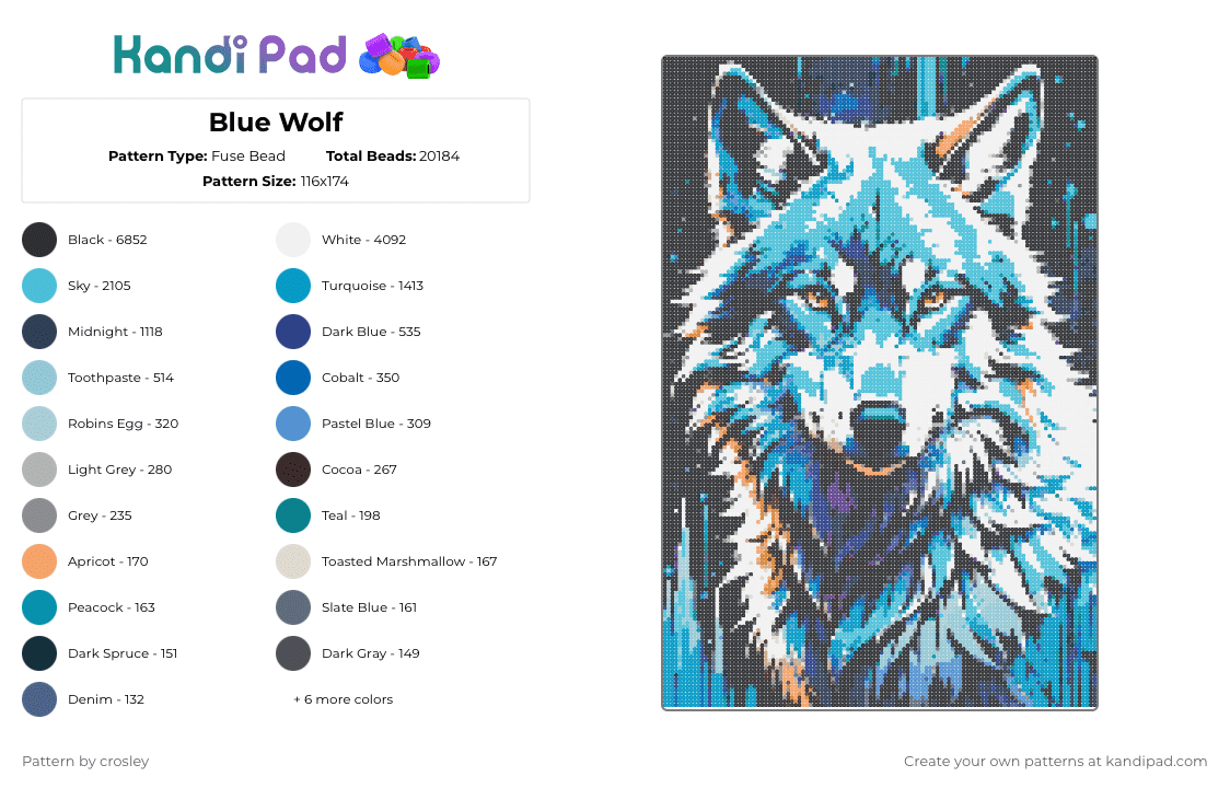 Blue Wolf Fuse Bead Pattern - Kandi Pad | Kandi Patterns, Fuse Bead ...