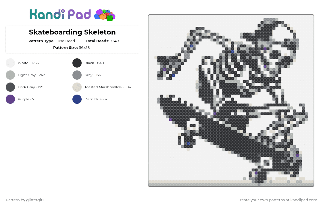 Skateboarding Skeleton Fuse Bead Pattern - Kandi Pad | Kandi Patterns ...