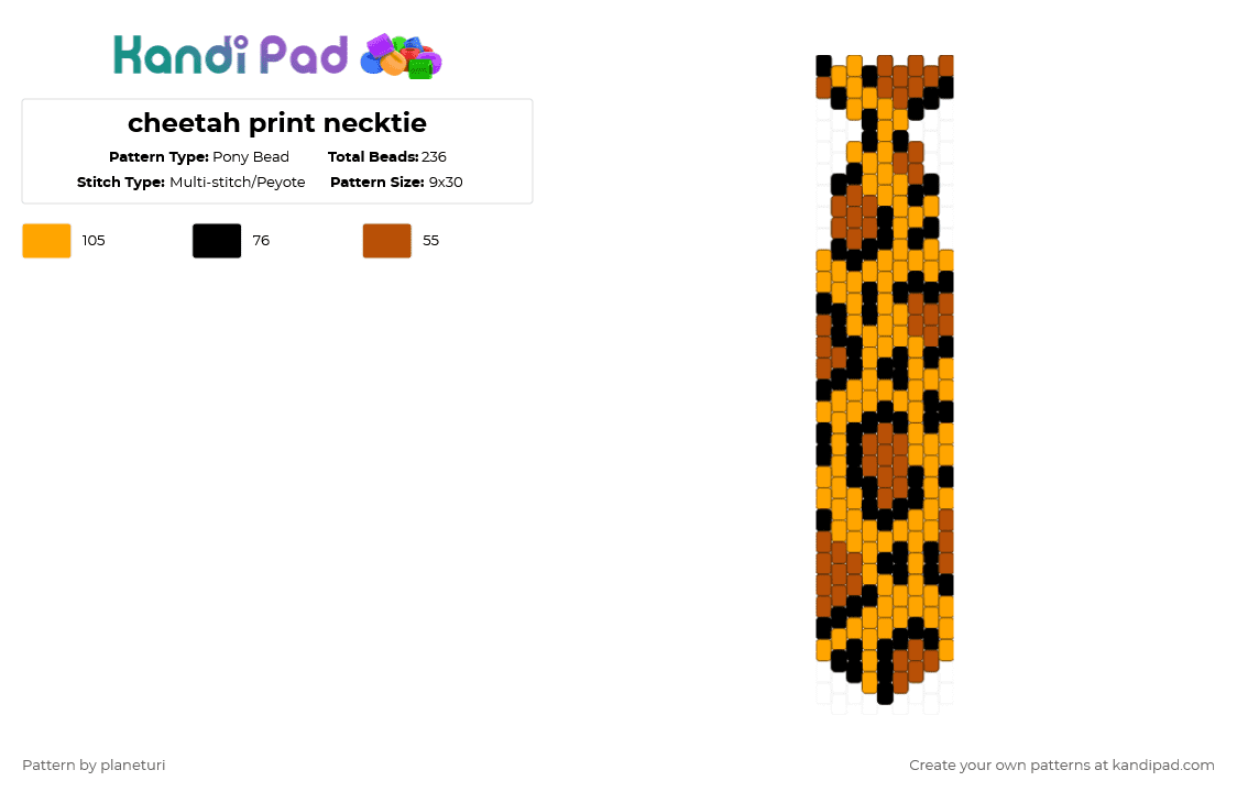 Cheetah print necktie Pony Bead Pattern - Kandi Pad | Kandi Patterns ...