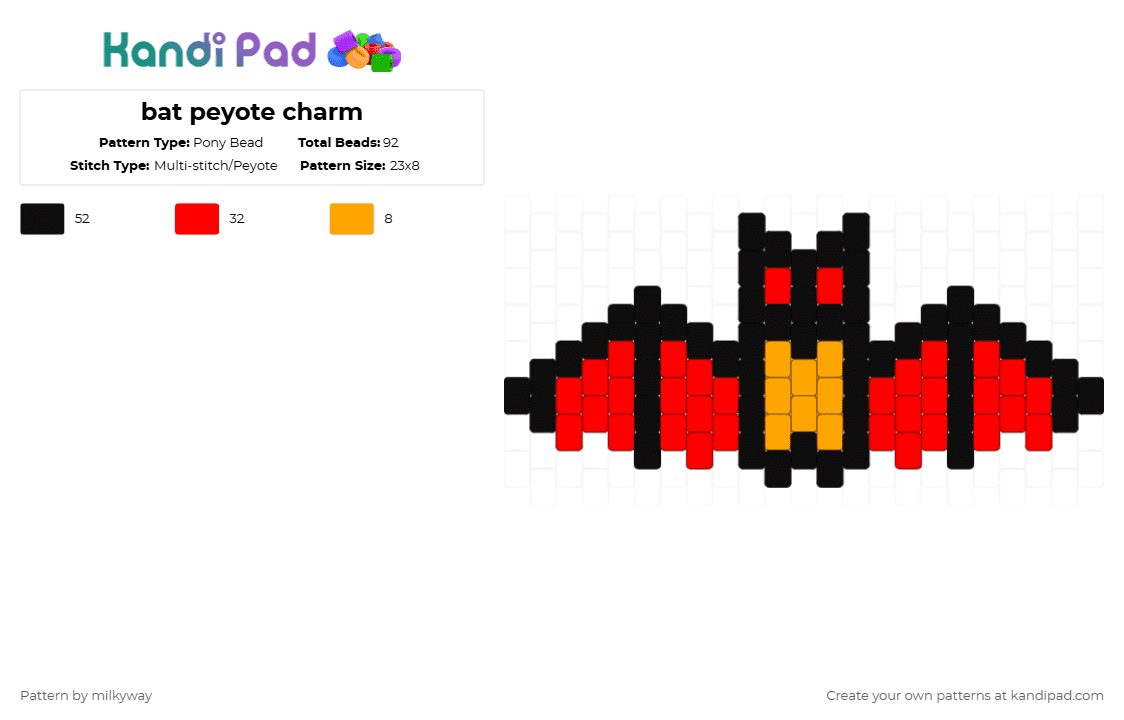 Bat peyote charm Pony Bead Pattern - Kandi Pad | Kandi Patterns, Fuse ...