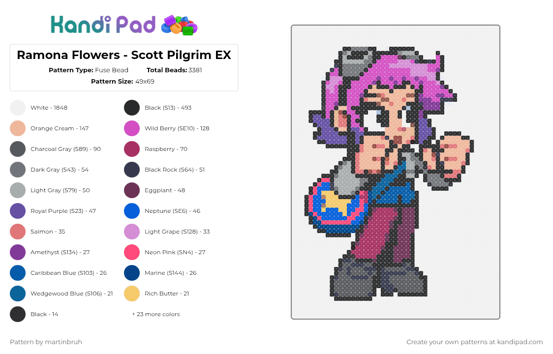 Ramona Flowers - Scott Pilgrim EX Fuse Bead Pattern - Kandi Pad | Kandi ...
