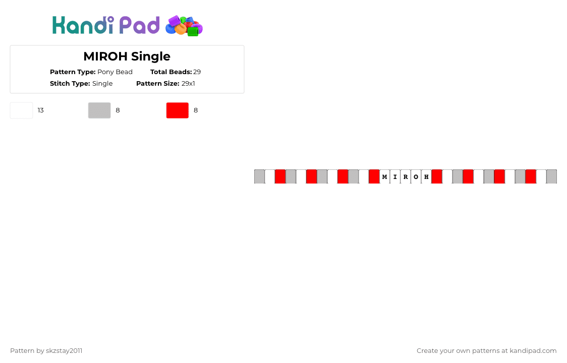 MIROH Single Pony Bead Pattern - Kandi Pad | Kandi Patterns, Fuse Bead ...