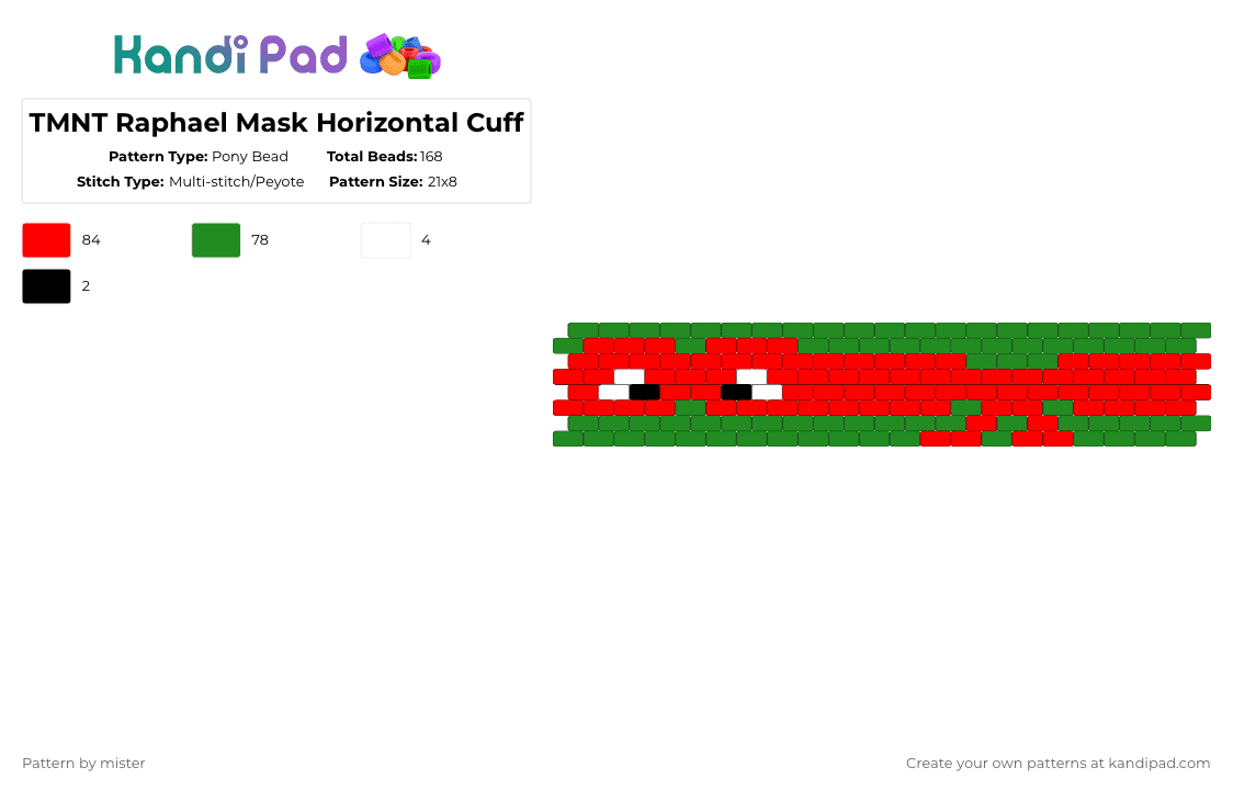 TMNT Raphael Mask Horizontal Cuff Pony Bead Pattern - Kandi Pad | Kandi ...