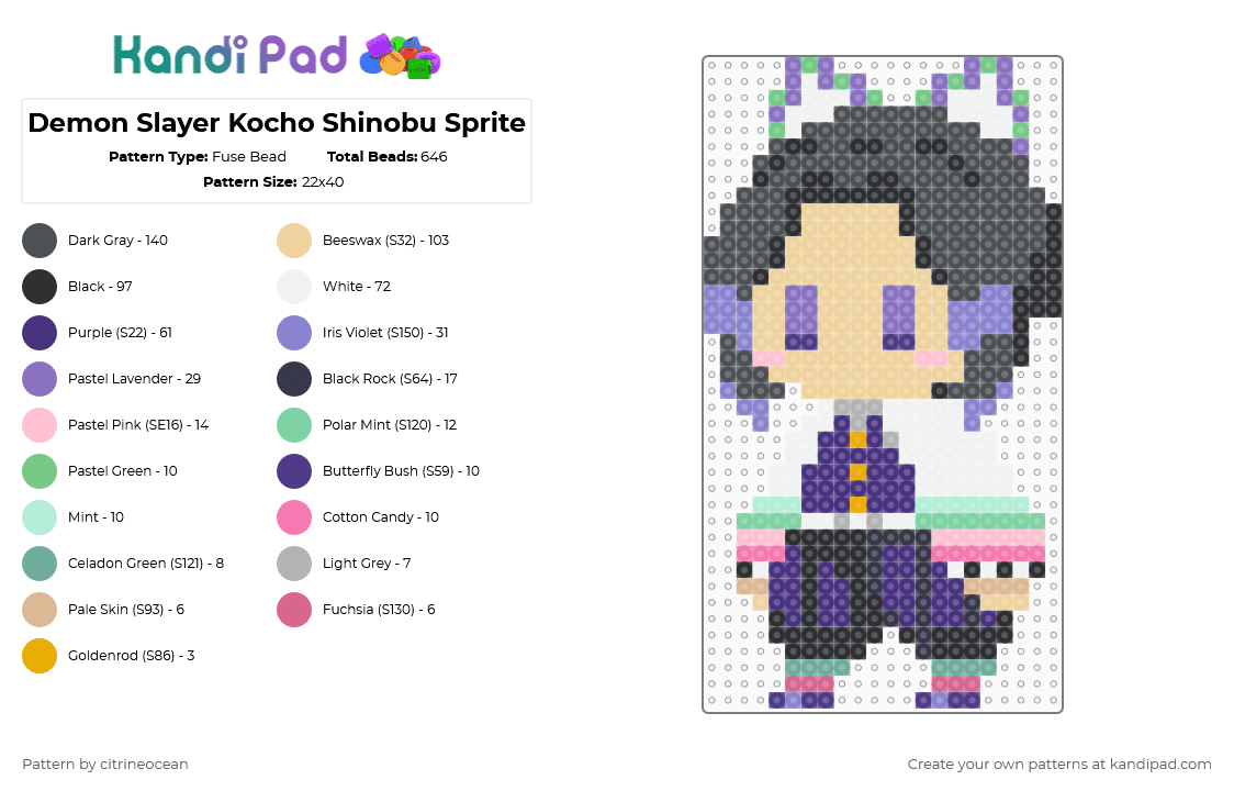 Demon Slayer Kocho Shinobu Sprite Fuse Bead Pattern - Kandi Pad | Kandi ...