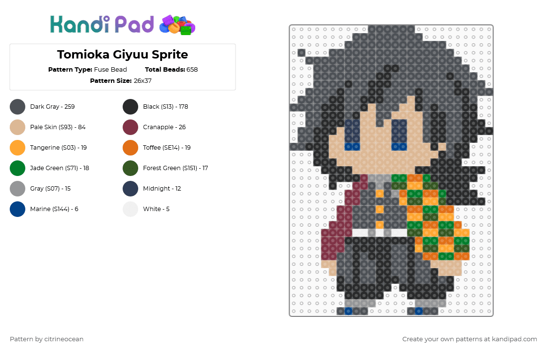 Demon Slayer Tomioka Giyuu Sprite Fuse Bead Pattern - Kandi Pad | Kandi ...