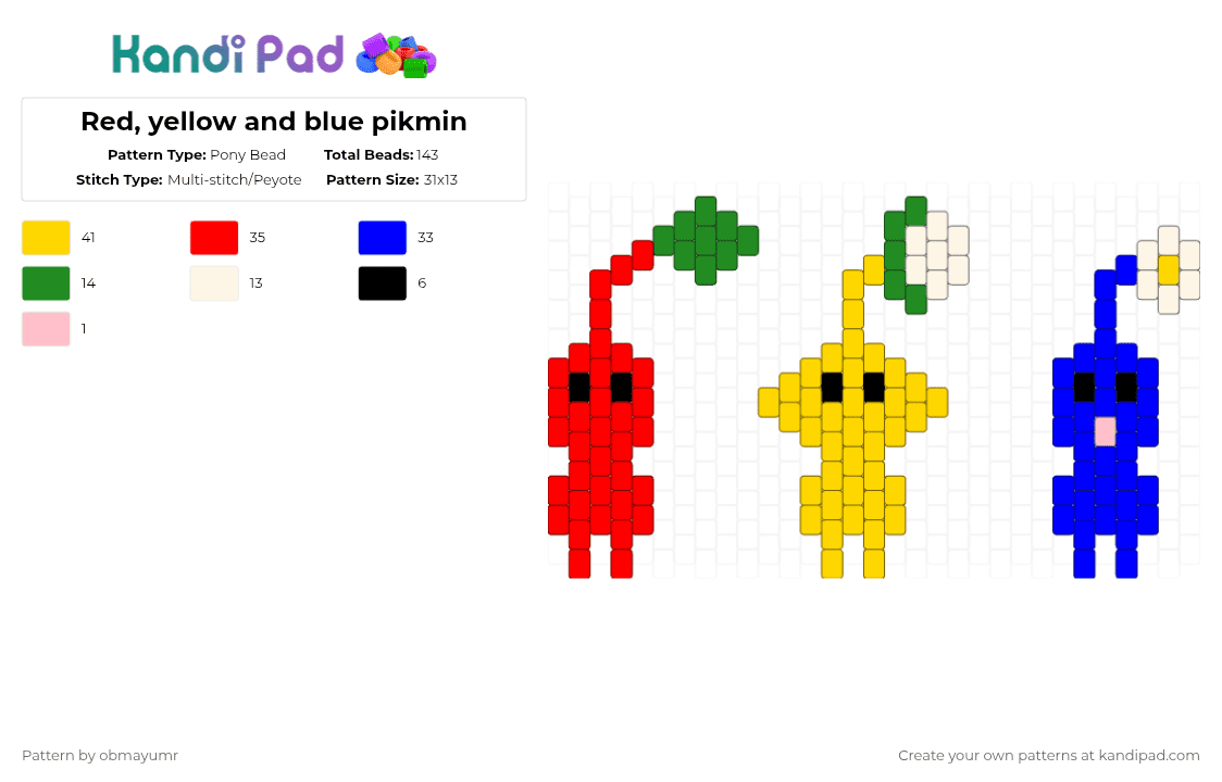 Red, yellow and blue pikmin Pony Bead Pattern - Kandi Pad | Kandi ...