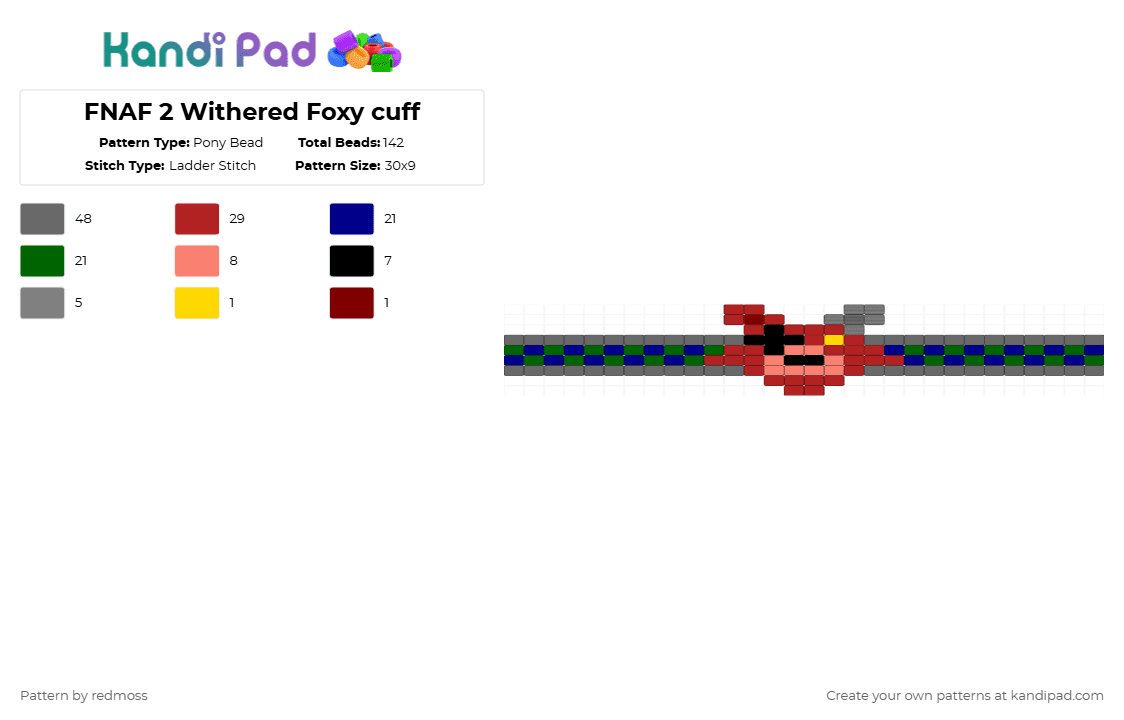 FNAF 2 Withered Foxy cuff Pony Bead Pattern - Kandi Pad | Kandi ...