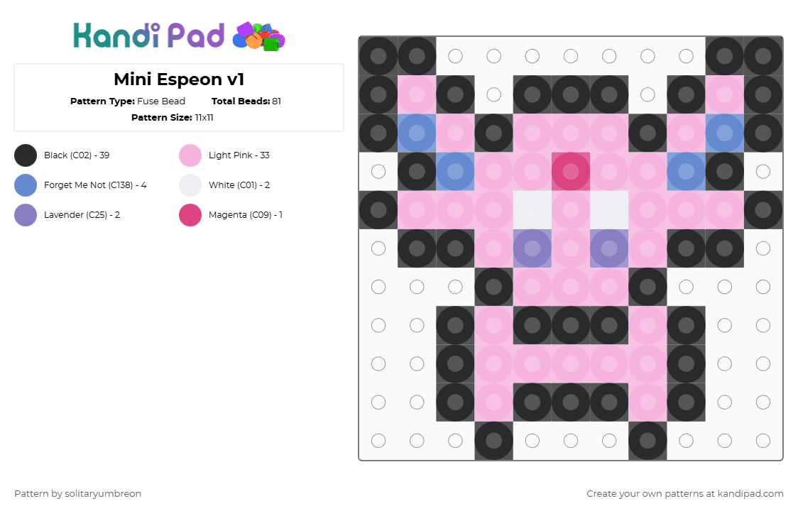 Mini Espeon v1 Perler (11×11) Fuse Bead Pattern - Kandi Pad | Kandi ...