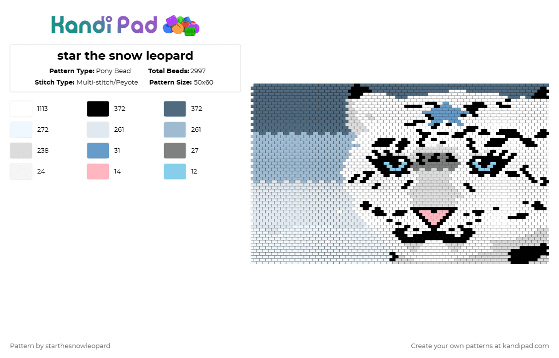 Star the snow leopard Pony Bead Pattern - Kandi Pad | Kandi Patterns ...