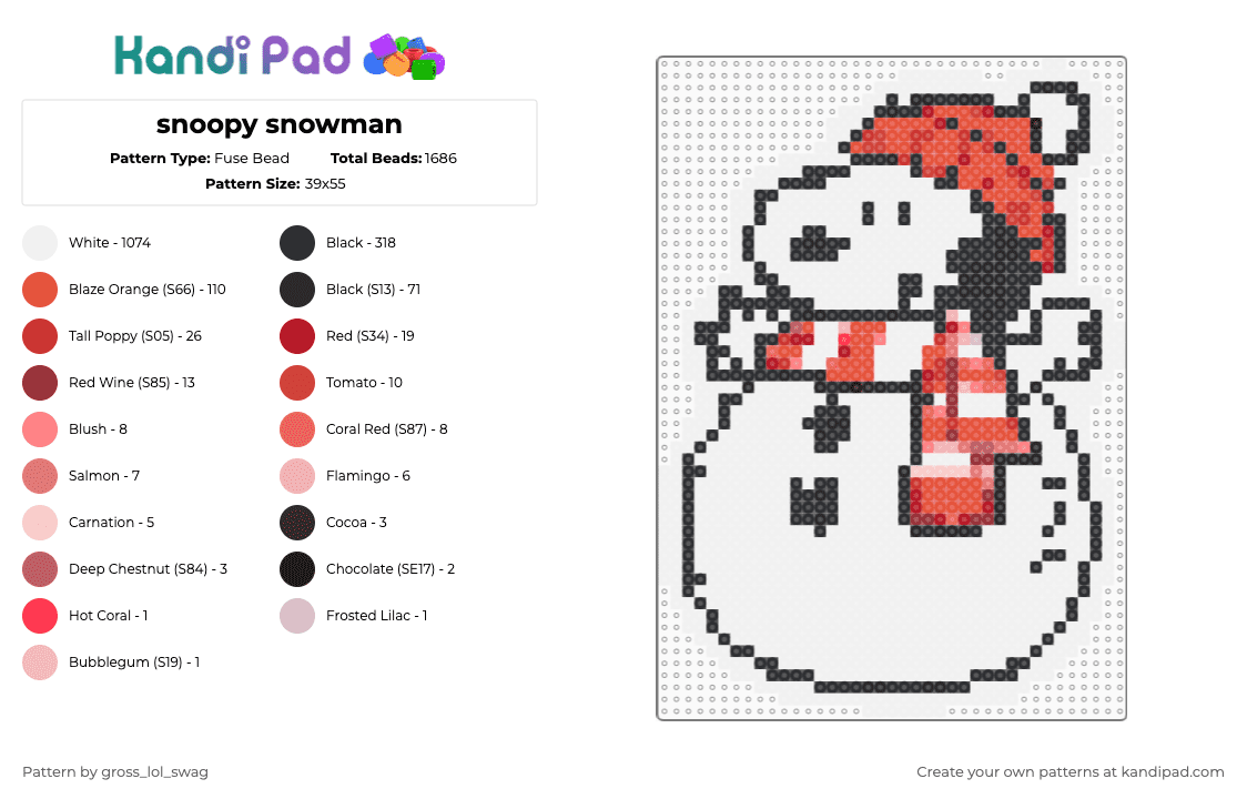 Snoopy snowman Fuse Bead Pattern - Kandi Pad | Kandi Patterns, Fuse ...