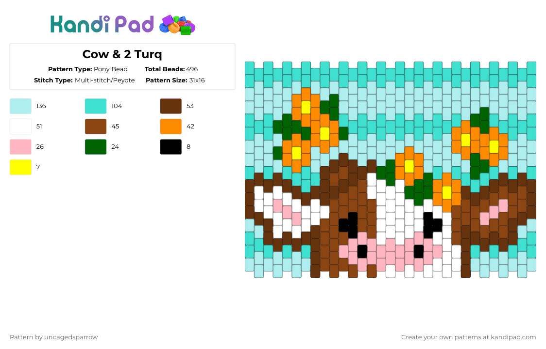Cow & 2 Turq Pony Bead Pattern - Kandi Pad | Kandi Patterns, Fuse Bead ...
