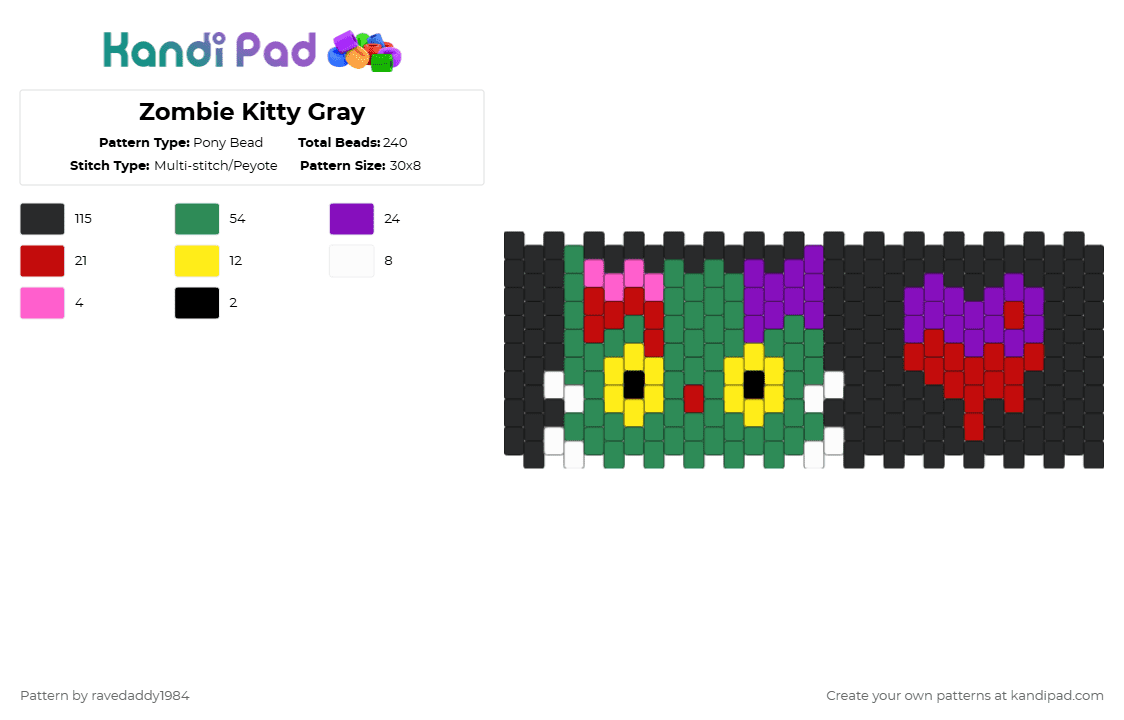 Zombie Kitty Gray Pony Bead Pattern - Kandi Pad | Kandi Patterns, Fuse ...
