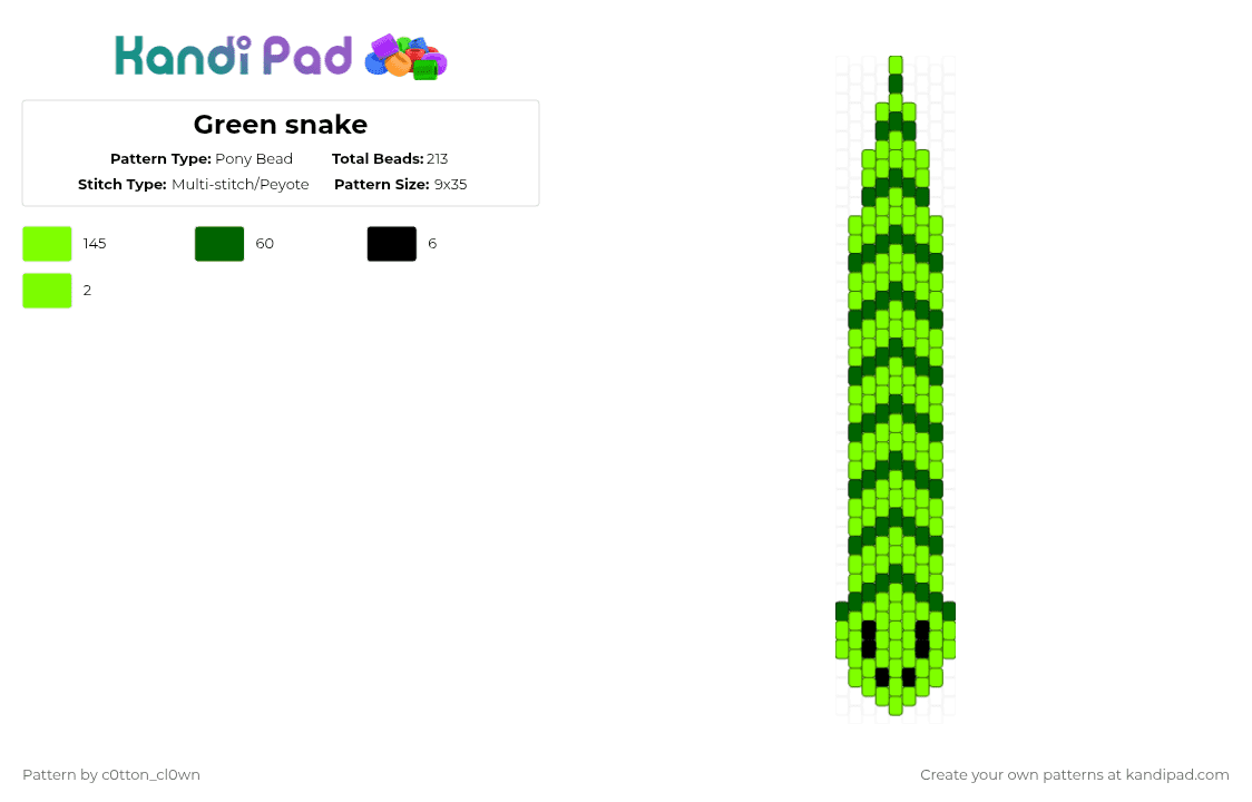 Green snake Pony Bead Pattern - Kandi Pad | Kandi Patterns, Fuse Bead ...