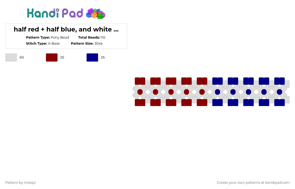 Half red + half blue, and white x base Pony Bead Pattern - Kandi Pad ...