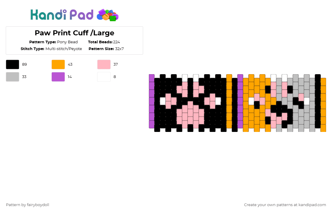 Paw Print Cuff /Medium 32 Pony Bead Pattern - Kandi Pad | Kandi ...