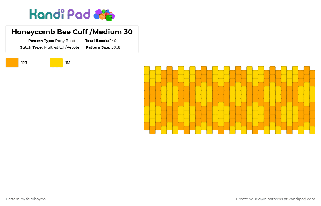 Honeycomb Bee Cuff /Medium 30 Pony Bead Pattern - Kandi Pad | Kandi ...