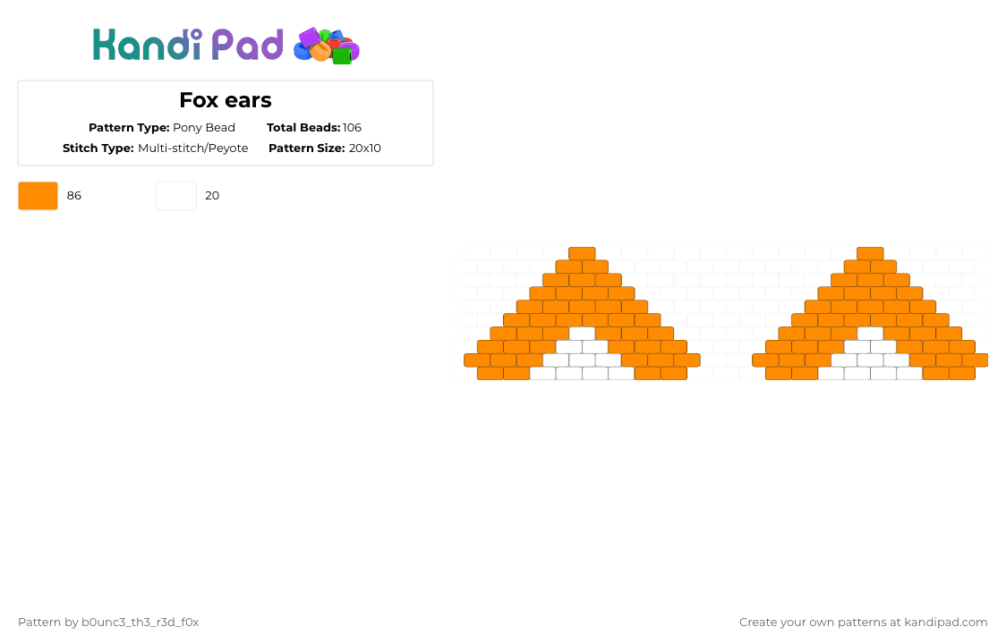 Fox ears Pony Bead Pattern - Kandi Pad | Kandi Patterns, Fuse Bead ...